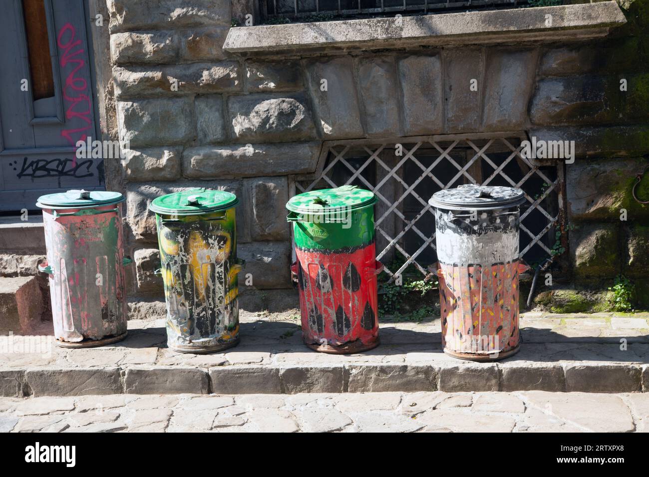 Painted dust bins in historic part of Veliko Tarnovo town in north ...