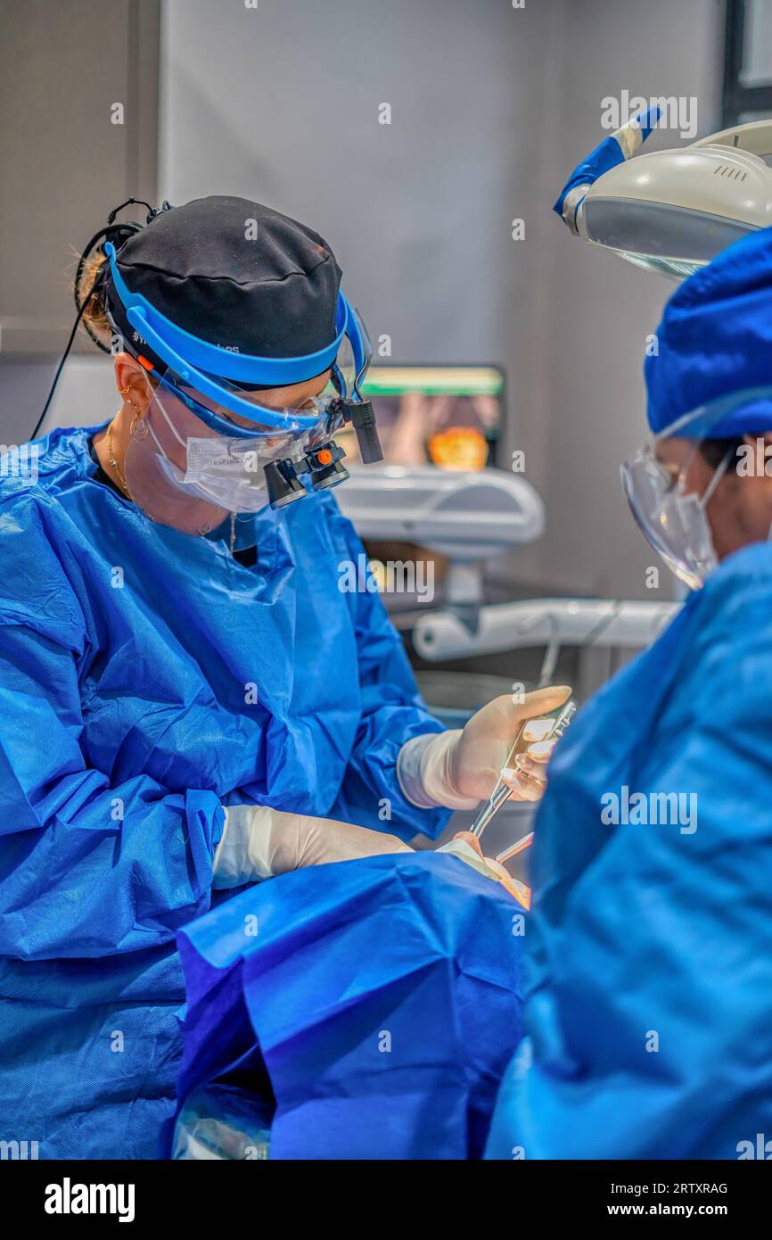 Two medical professionals are working together in an operating room ...