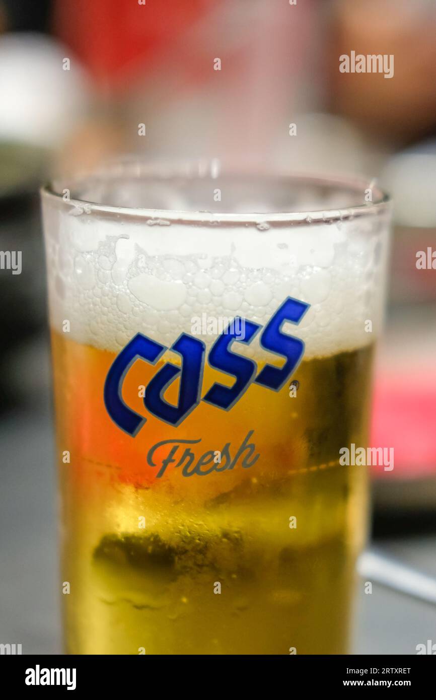 Bangkok, Thailand - 8 May 2022: A Glass of Cass Fresh, a lager style ...