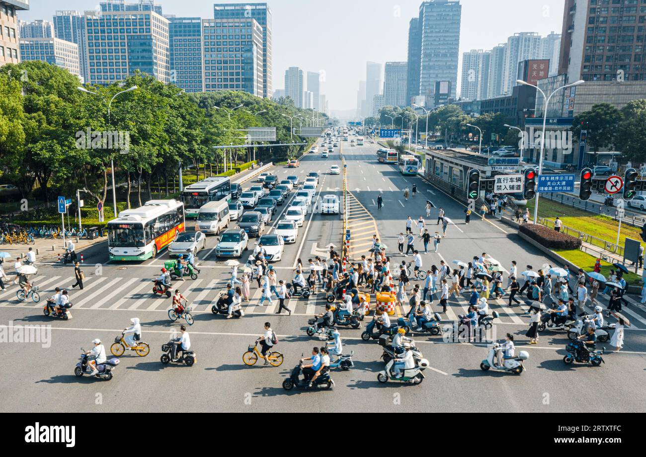 An aerial view of a bustling street in Wuhan, China with numerous ...