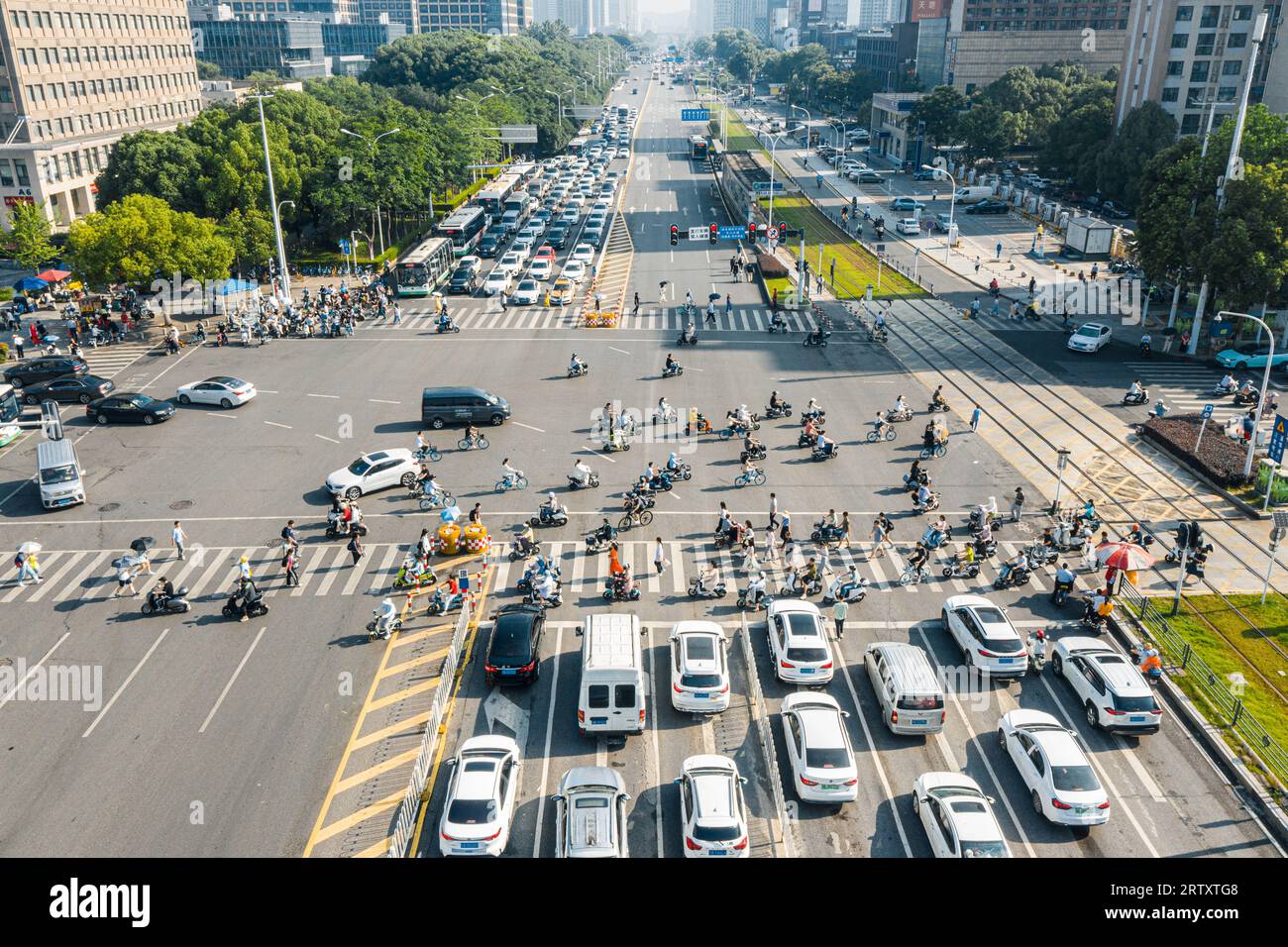 An aerial view of a bustling street in Wuhan, China with numerous ...