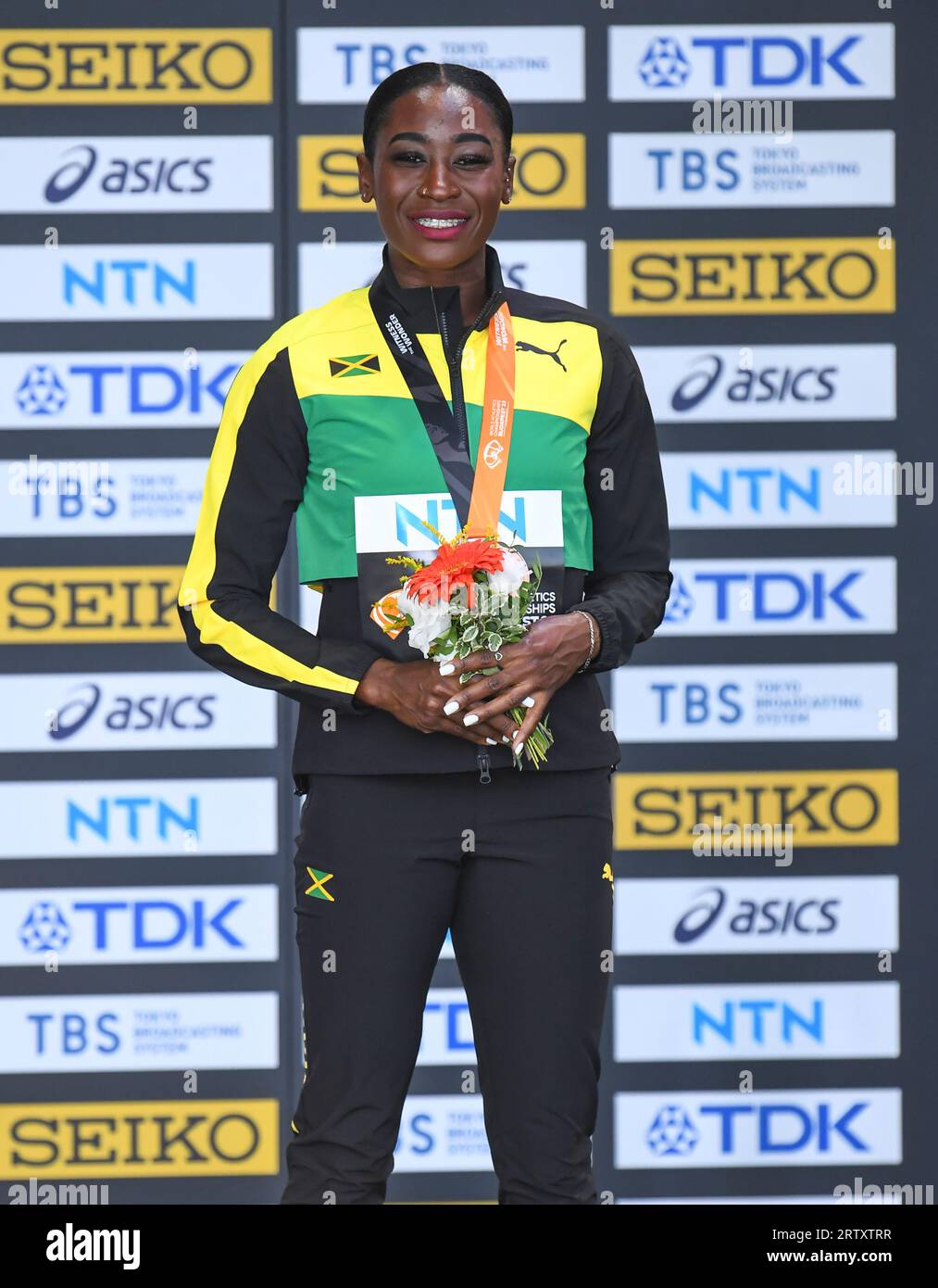 Rushell Clayton of Jamaica medal ceremony for 400m hurdles final on day ...