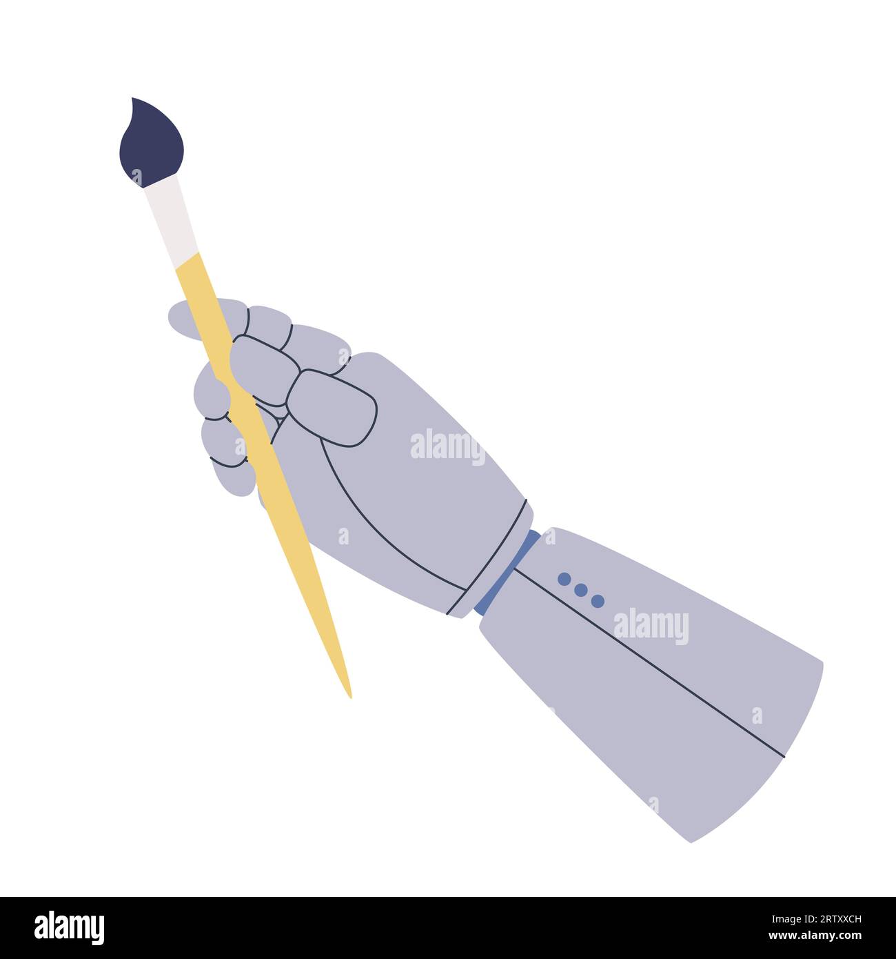 Hand of cyborg or robot holds a round brush for painting. Mechanical ...