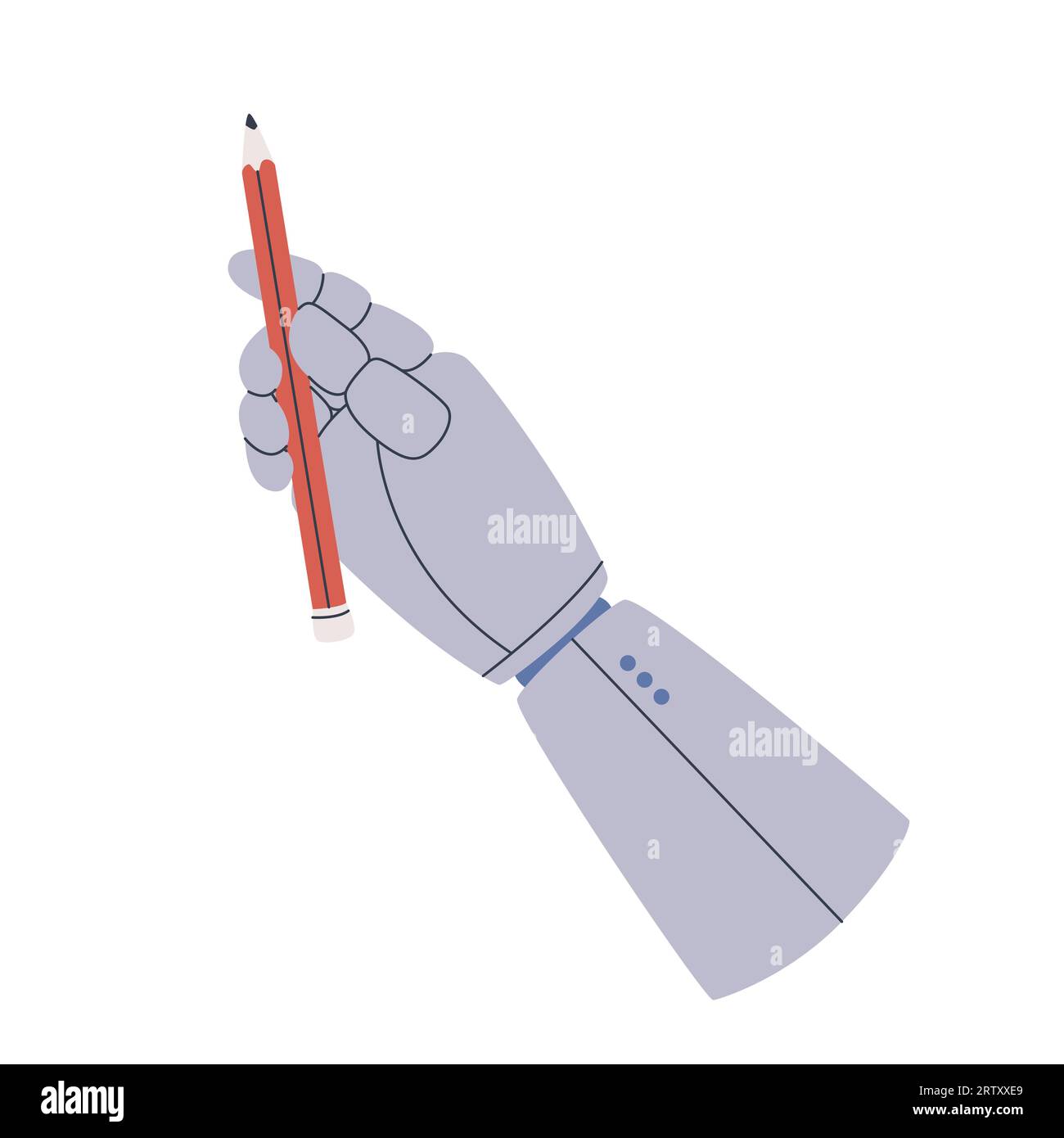 Hand of cyborg or robot holds a pencil. Mechanical palm with fingers ...