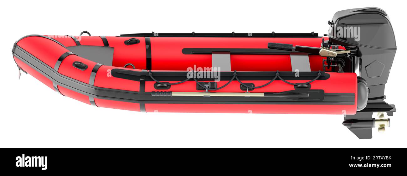 Inflatable boat with outboard engine, 3D rendering isolated on white ...