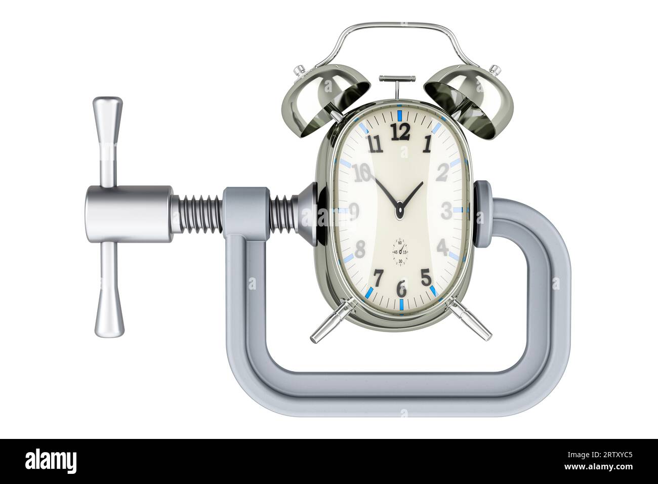 Alarm clock squeezed in a clamp concept, 3D rendering isolated on white ...