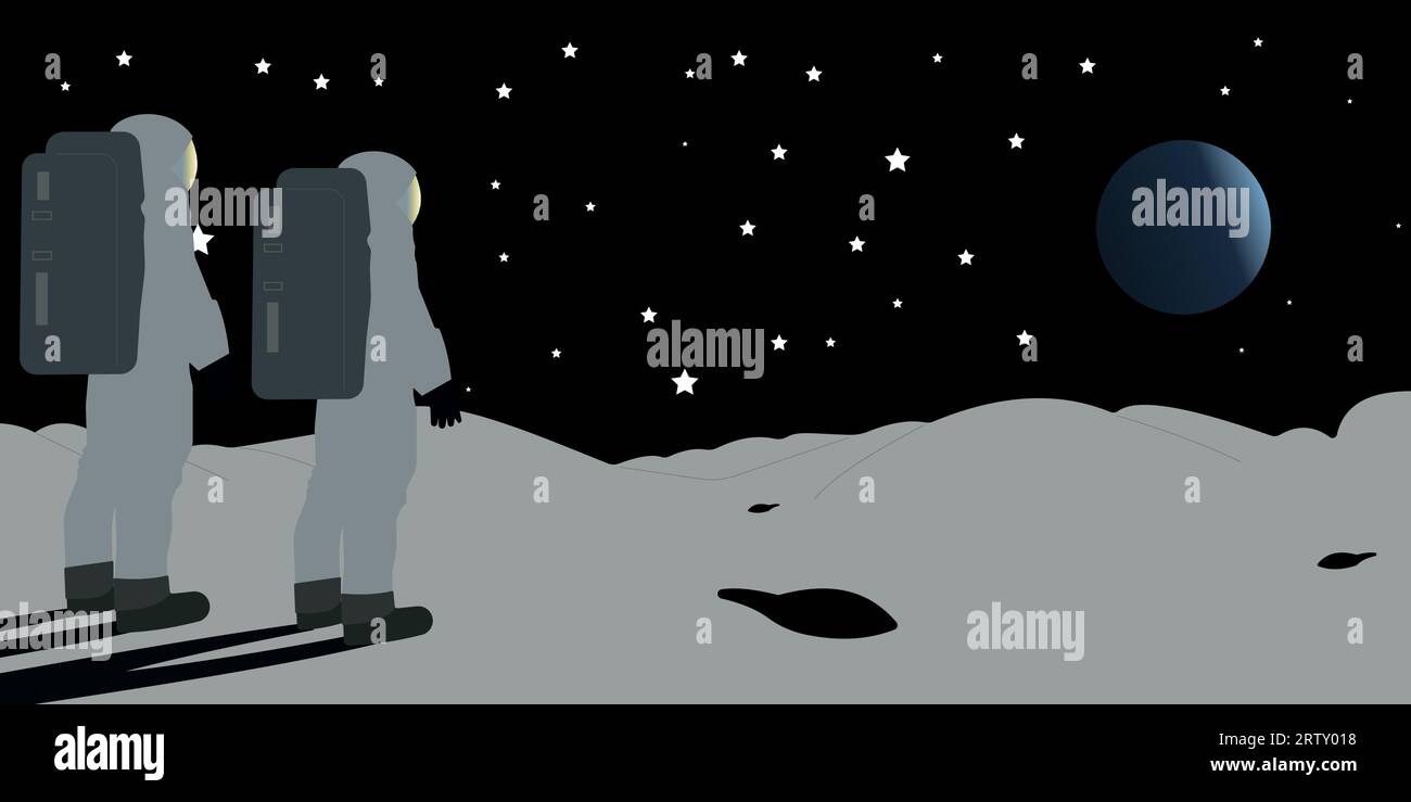 Astronauts watching Earth on the moon. Space for your text. world space ...