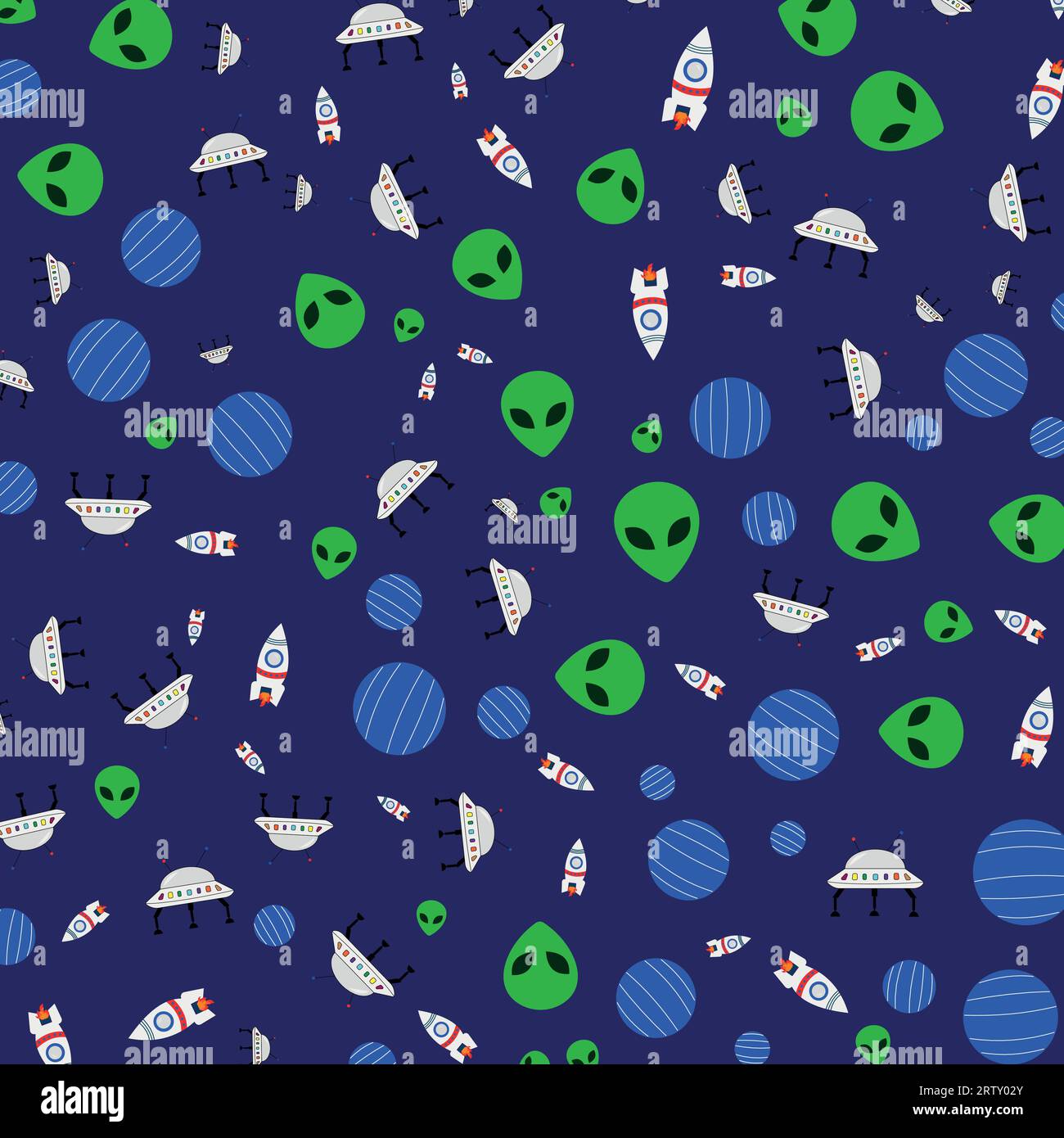 Space elements seamless pattern. cartoon space rocket, planet, alien ...