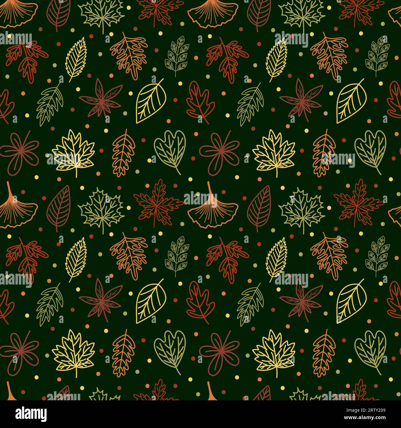 Fall Leaves Line Art on Midnight Green Seamless Pattern Design Stock ...