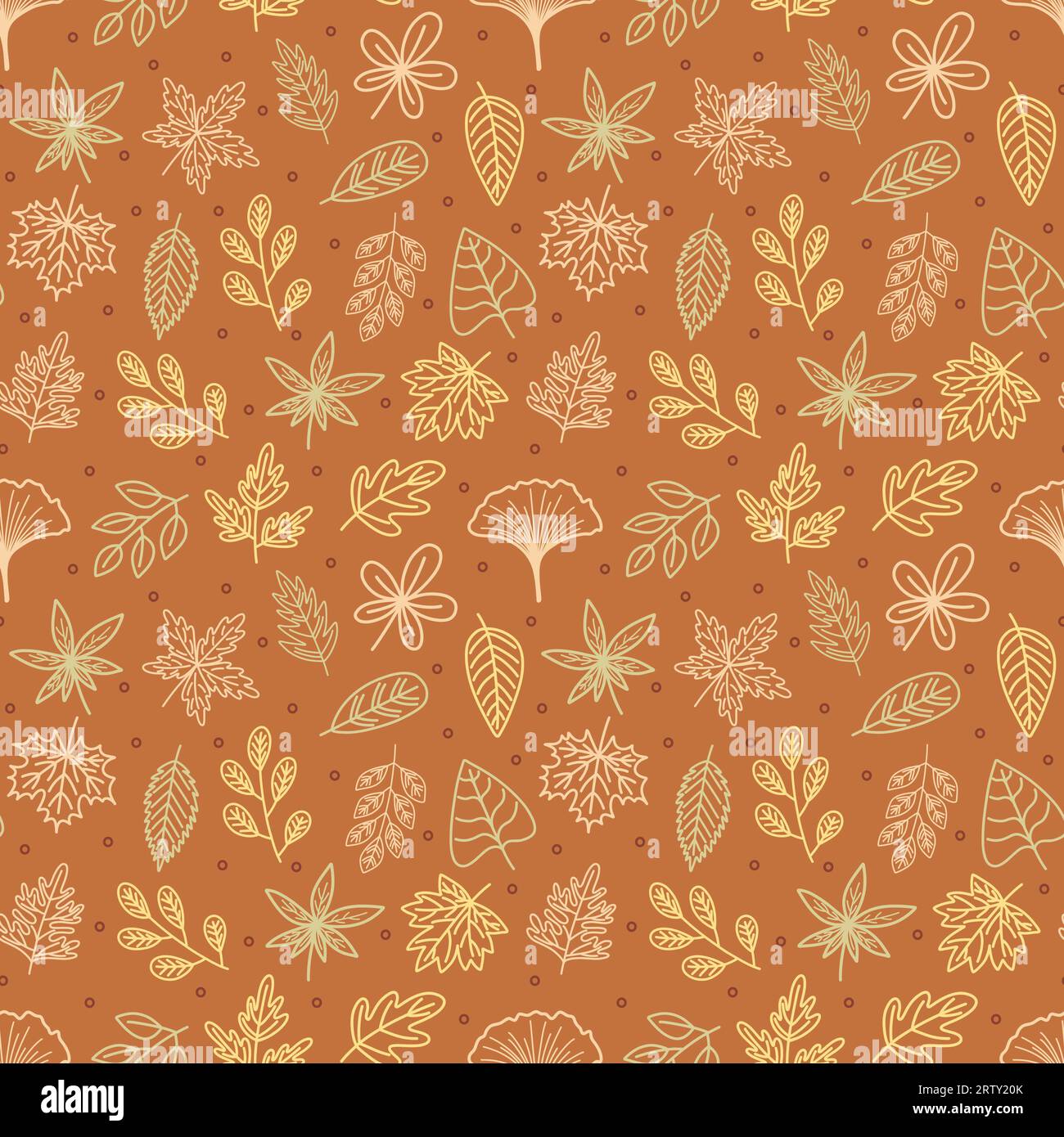 Pastel Autumn Leaves Line Art on Terracotta Seamless Pattern Design ...