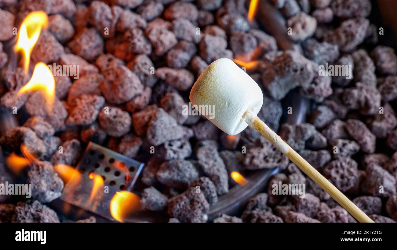 Delicious and sweet marshmallows on stick over the firepit. Summer ...