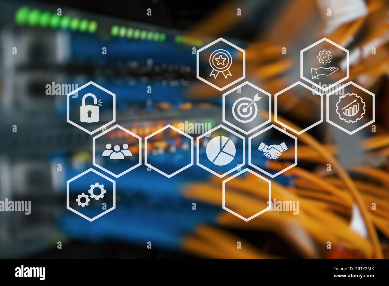 Image of multiple icons over digital clock against server racks in ...