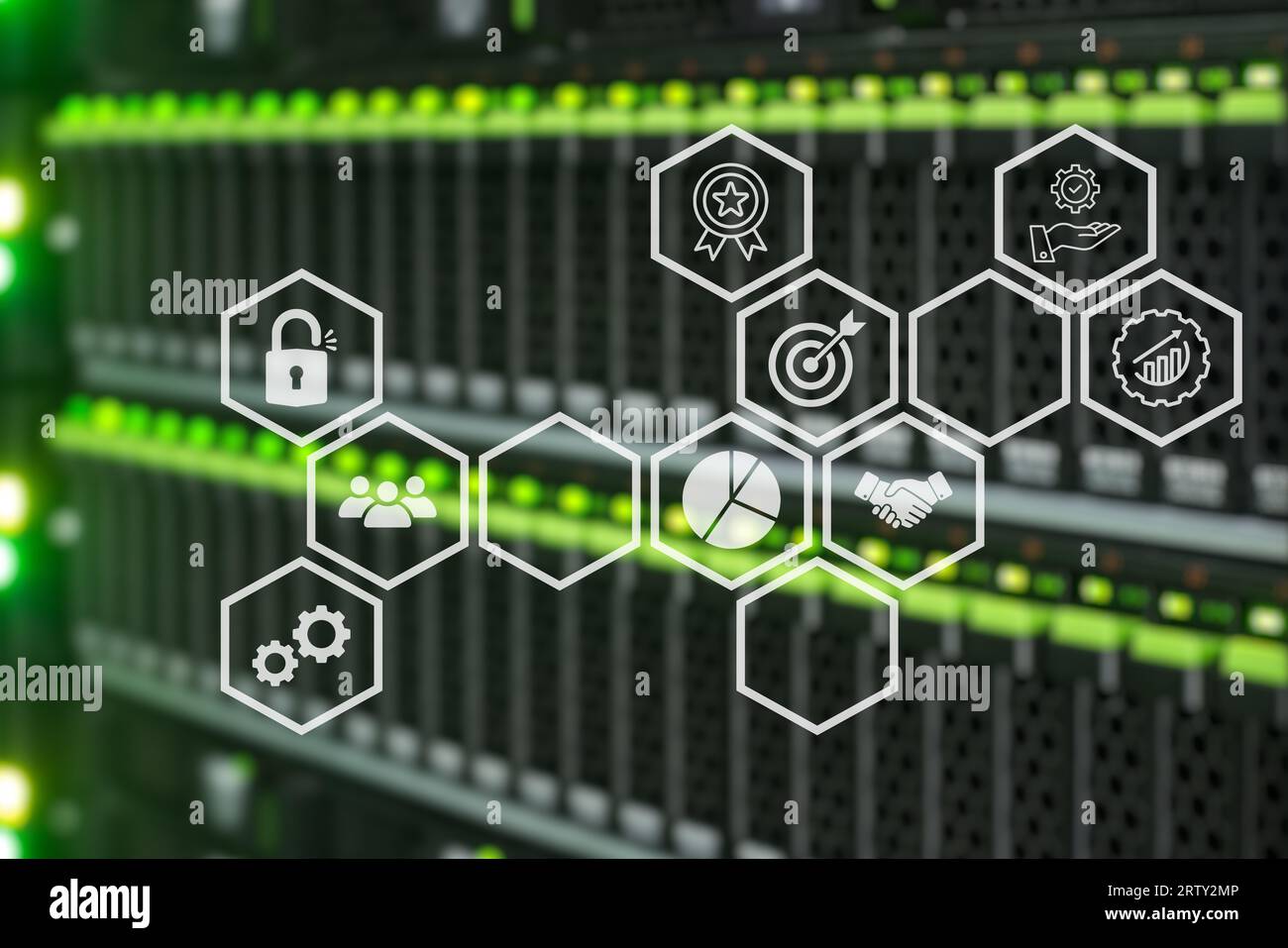 Image of multiple icons over digital clock against server racks in ...