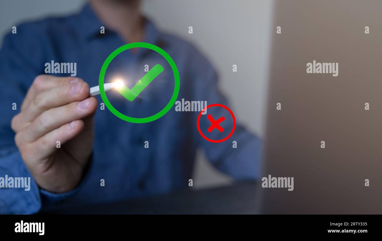 Right, and wrong icons with men's hand choosing the right icon ...