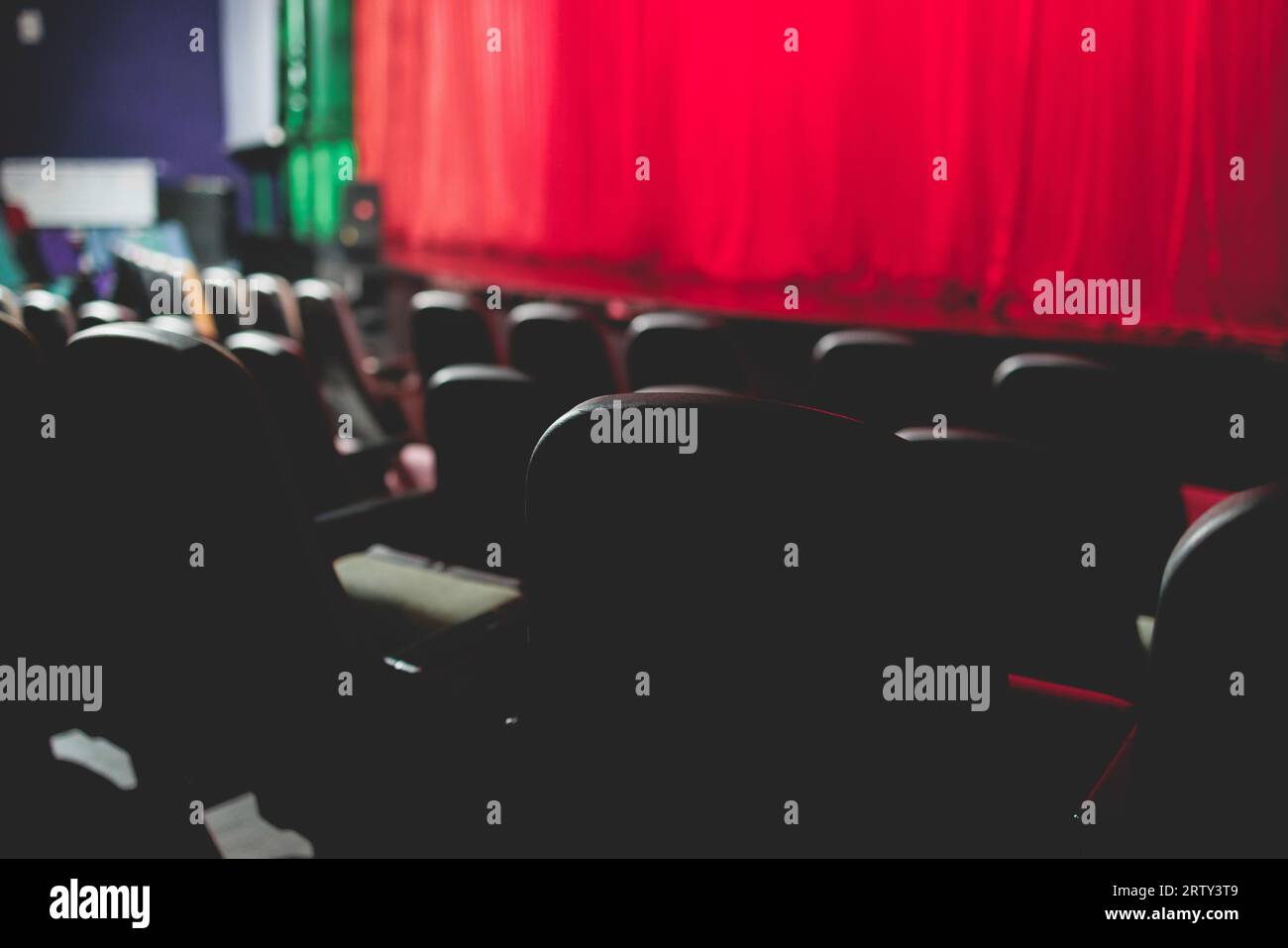 Stage with velvet red curtain in theater cinema, empty old-fashioned ...