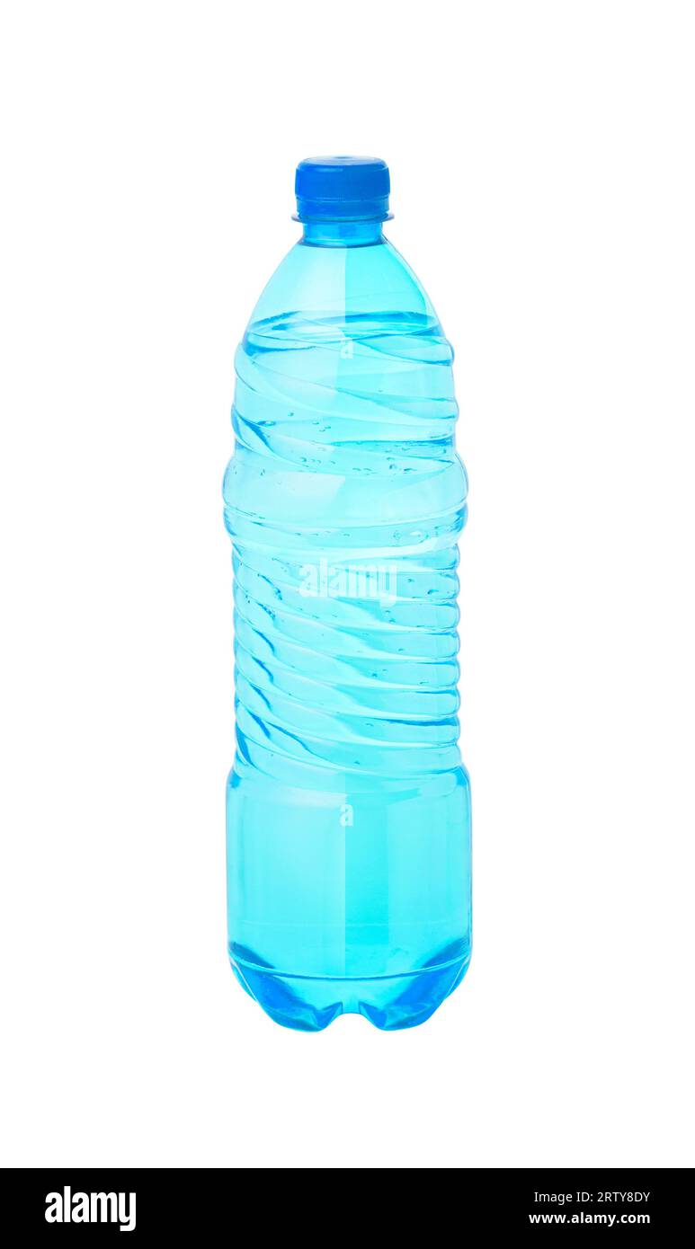 Blue plastic water bottle isolated on white background with clipping ...