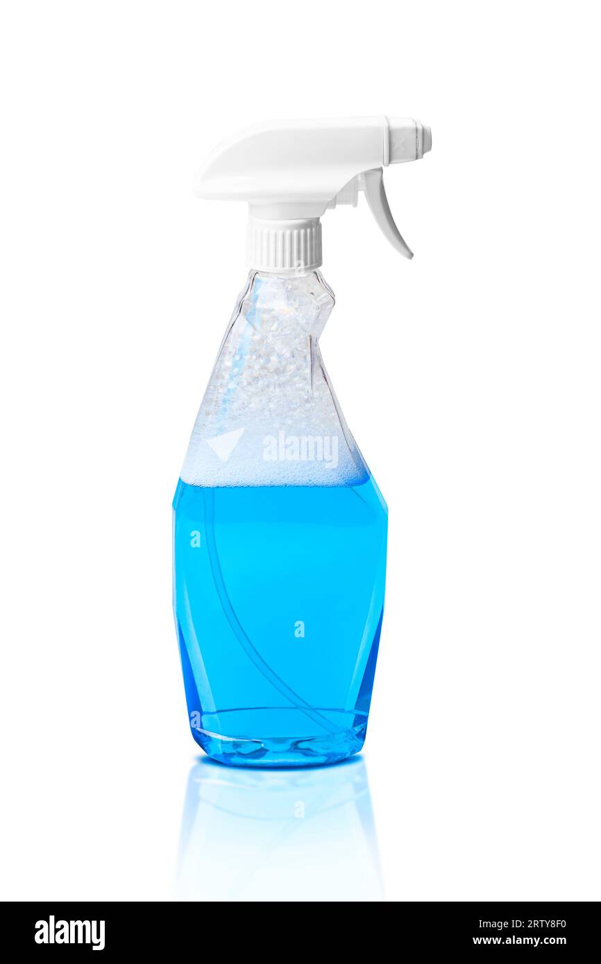Window cleaner in plastic bottle with spray isolated on white ...