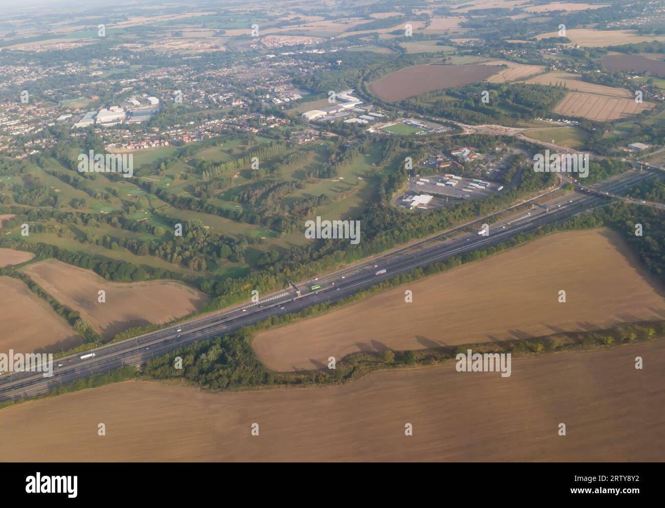 An aerial view of Birchanger Services on the M11 in Essex, UK Stock ...