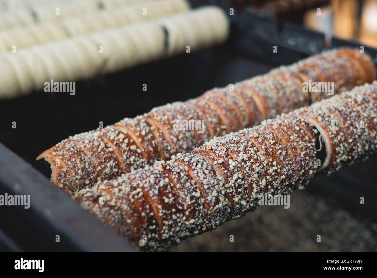 Trdelnik, traditional czech and european sweet street food, process of ...