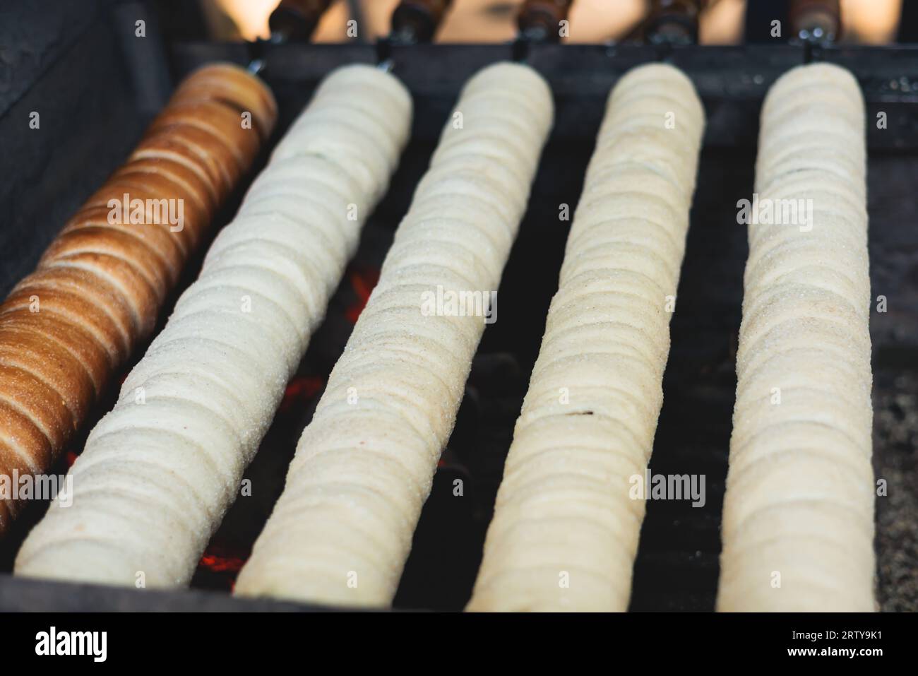 Trdelnik, traditional czech and european sweet street food, process of ...