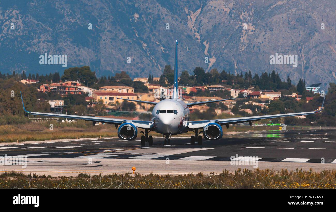 View of modern passenger plane aircraft on an runway airfield ready to ...