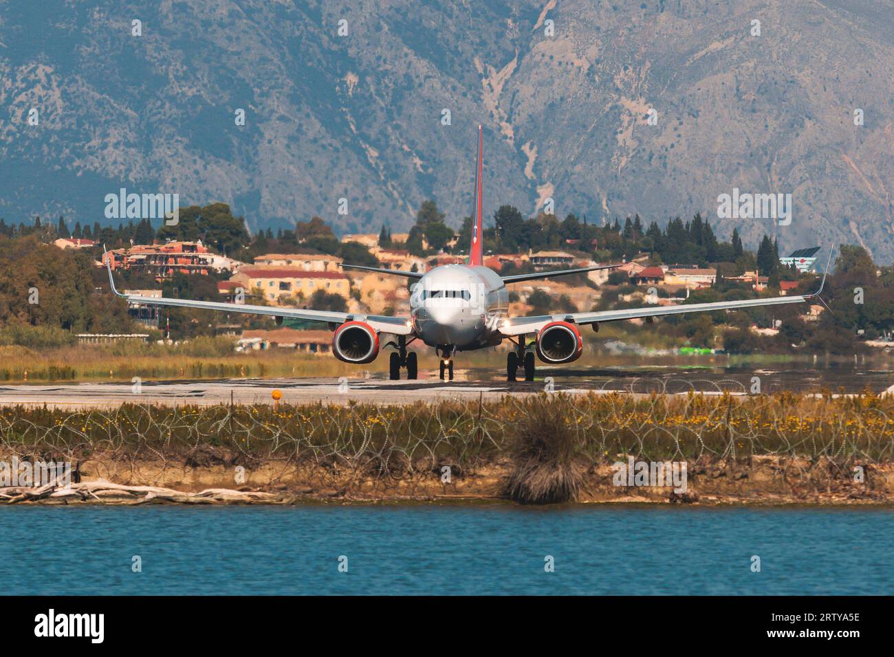 View of modern passenger plane aircraft on an runway airfield ready to ...