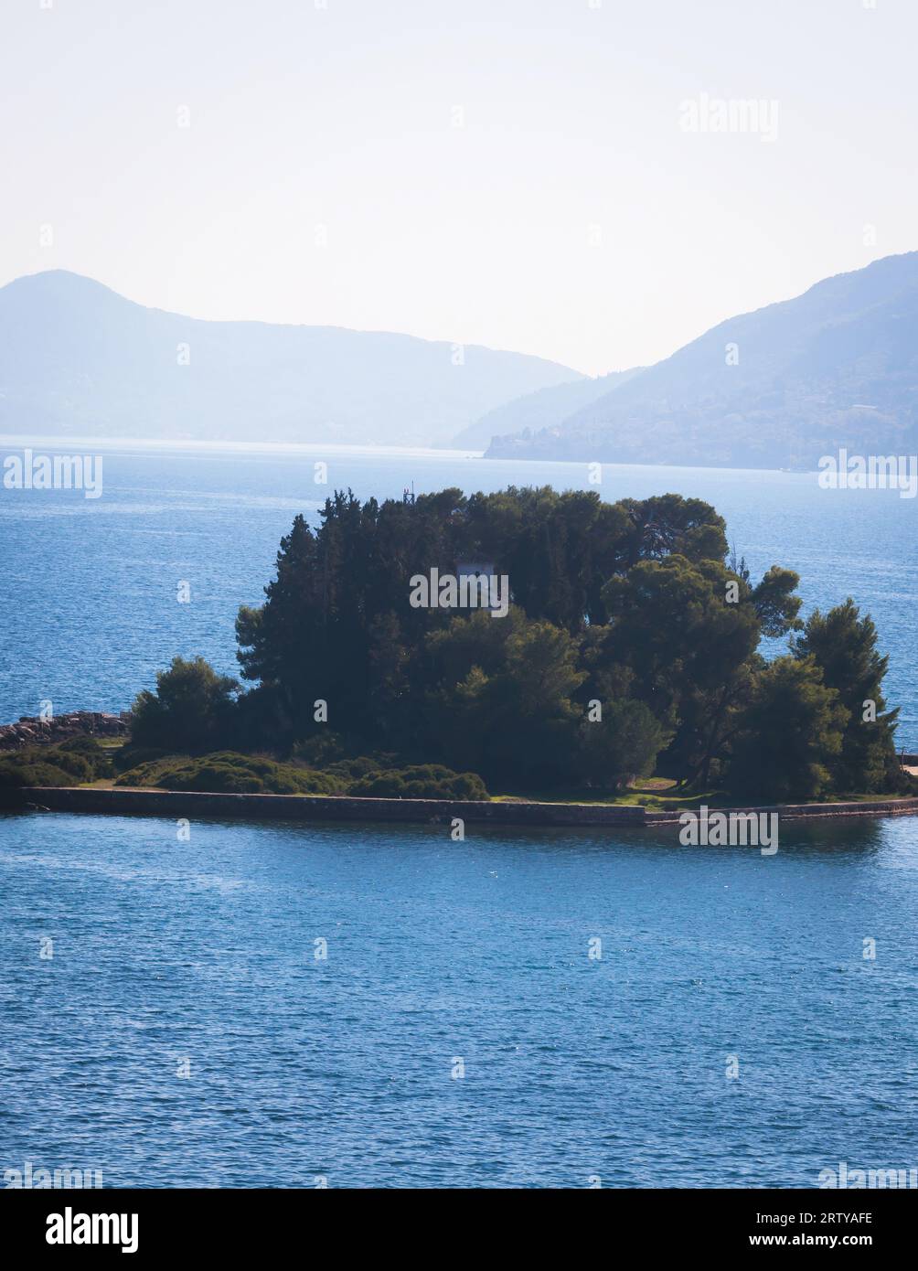 View of Pontikonisi islet, Mouse Island with Byzantine chapel of ...