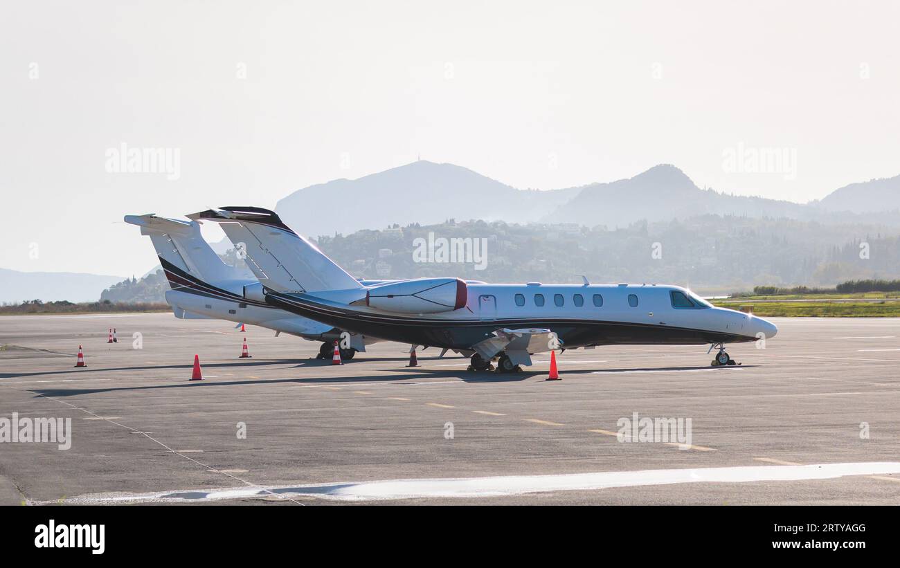 View of modern private reactive aircraft on an runway airfield ready to ...