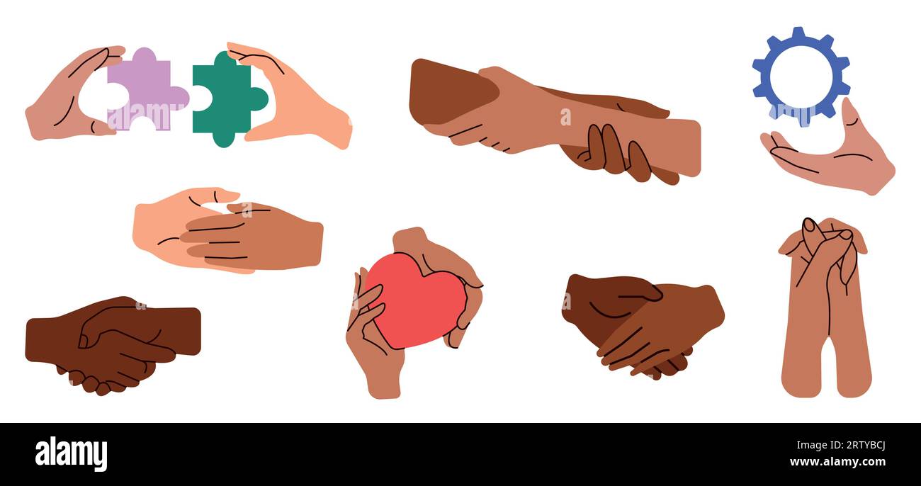 Team work. Set of hands in doodle style isolated human arms. Two hands ...