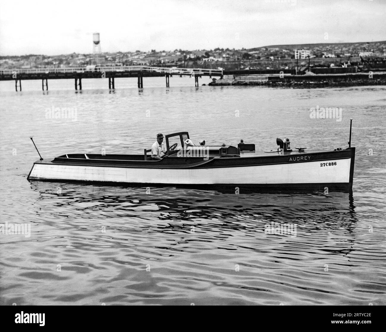 United States c. 1930. A speed boat named Audrey sitting at rest Stock ...