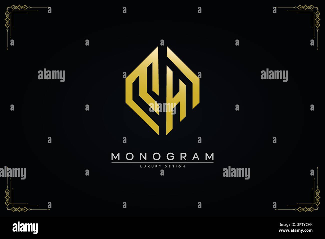 luxurious letter MH logo with gold line art hexagon shape vector design ...