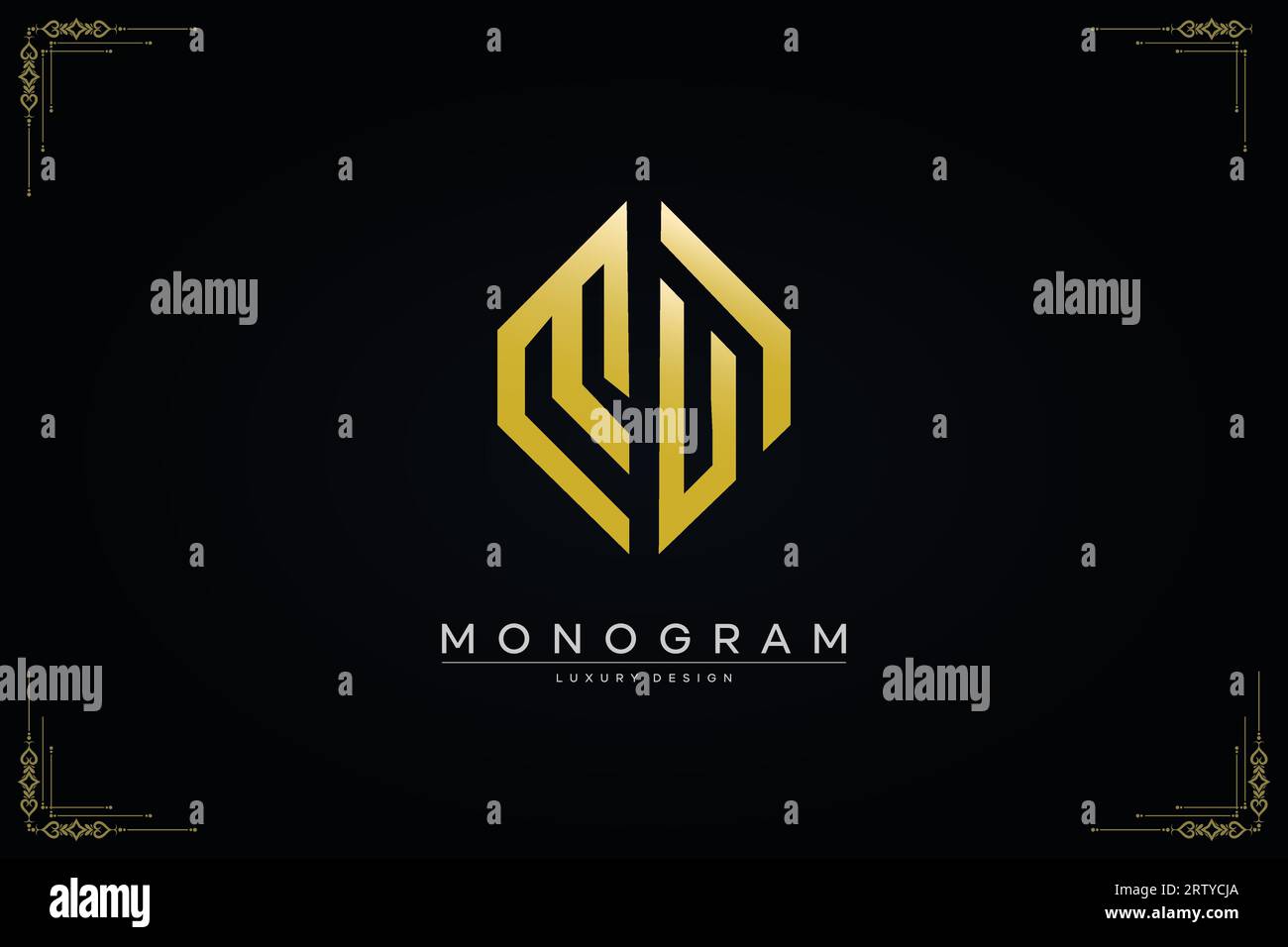 luxurious letter MU logo with gold line art hexagon shape vector design ...