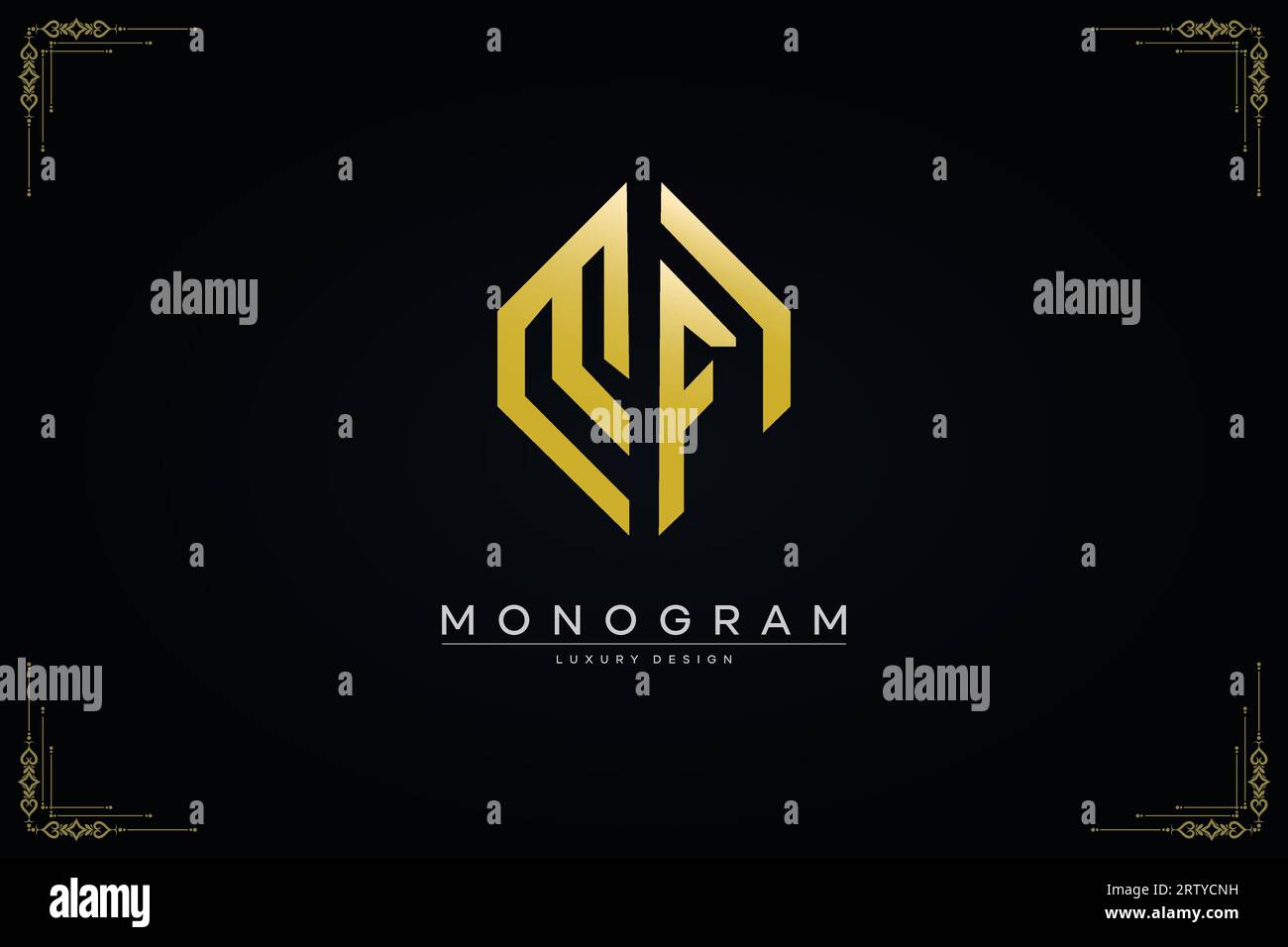luxurious letter MF logo with gold line art hexagon shape vector design ...