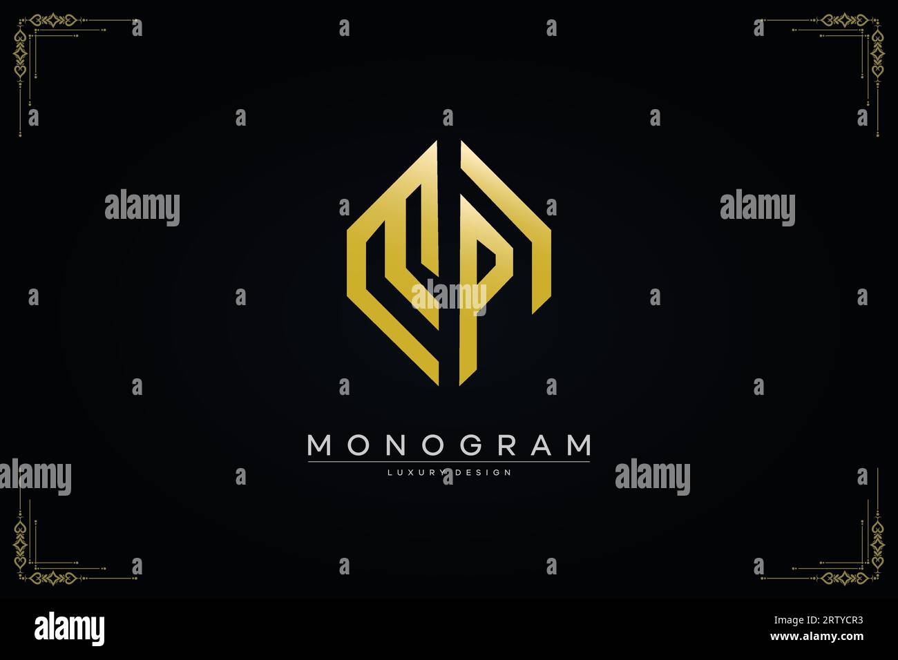 luxurious letter MP logo with gold line art hexagon shape vector design ...