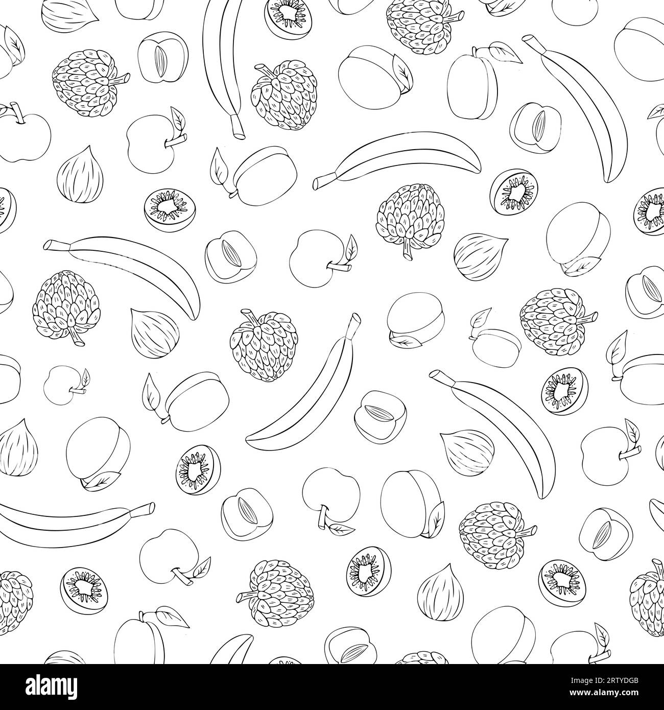 Seamless doodle pattern with fruits bananas, apples, apricot, plums and ...