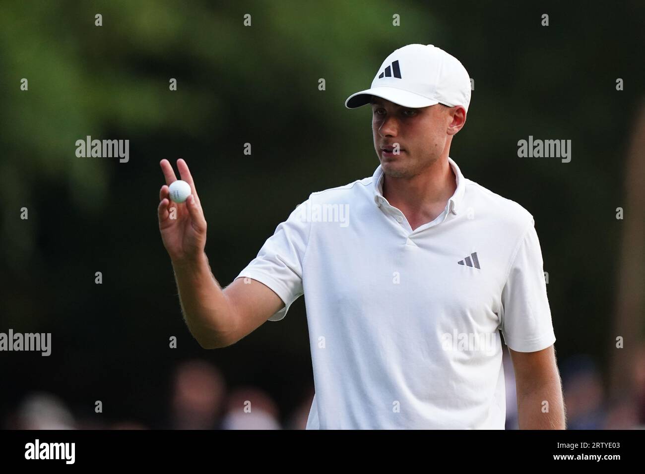 Ludvig Ã…berg gestures on the seventeenth during day two of the 2023 ...