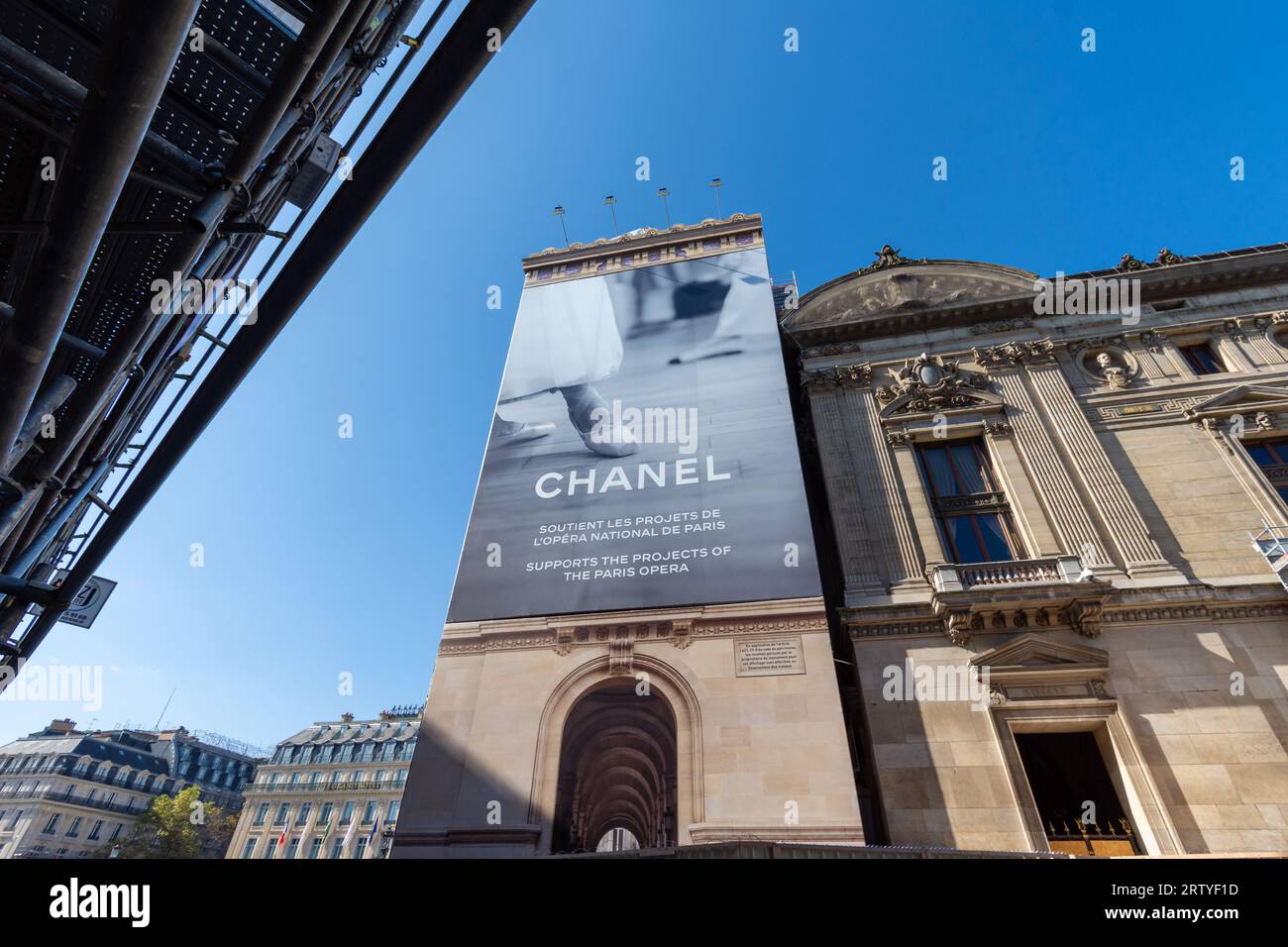 Chanel large advertising billboard covering the scaffolding of the ...
