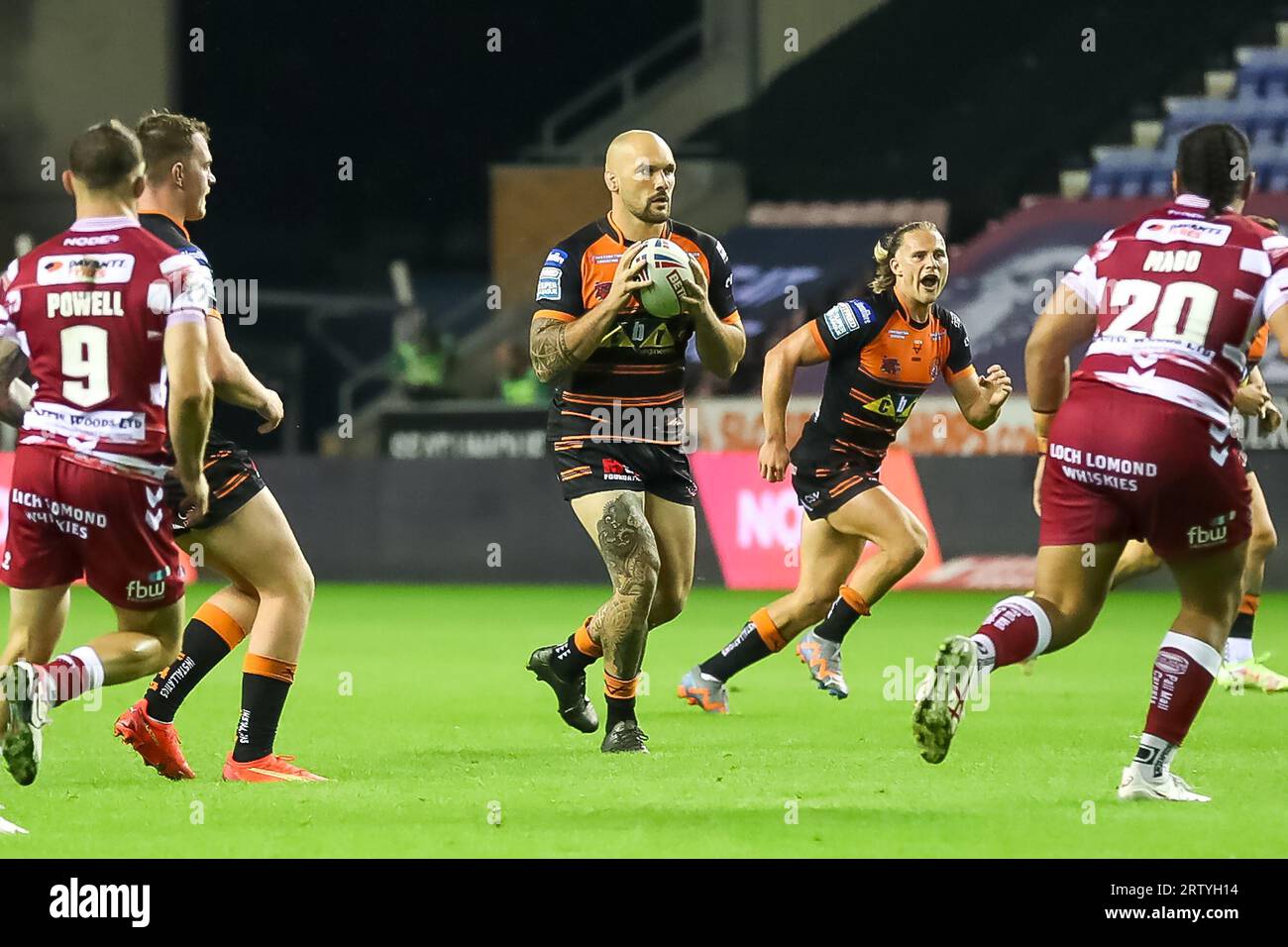 Wigan, UK. 15th Sep, 2023. George Griffin of Castleford makes a break ...