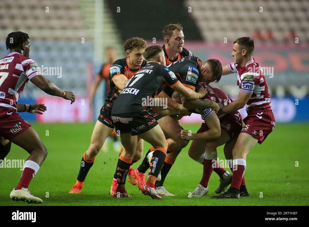 Wigan, UK. 15th Sep, 2023. Sam Hall Elliot Wallis Jack Broadbent stop ...