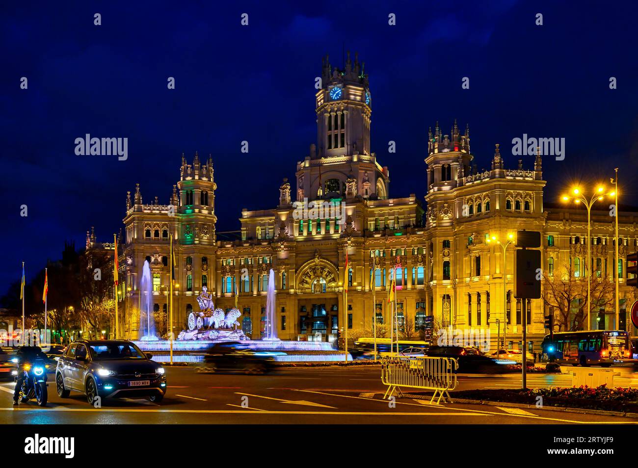 Building architecture and night scene in Madrid, Spain. Madrid is the ...