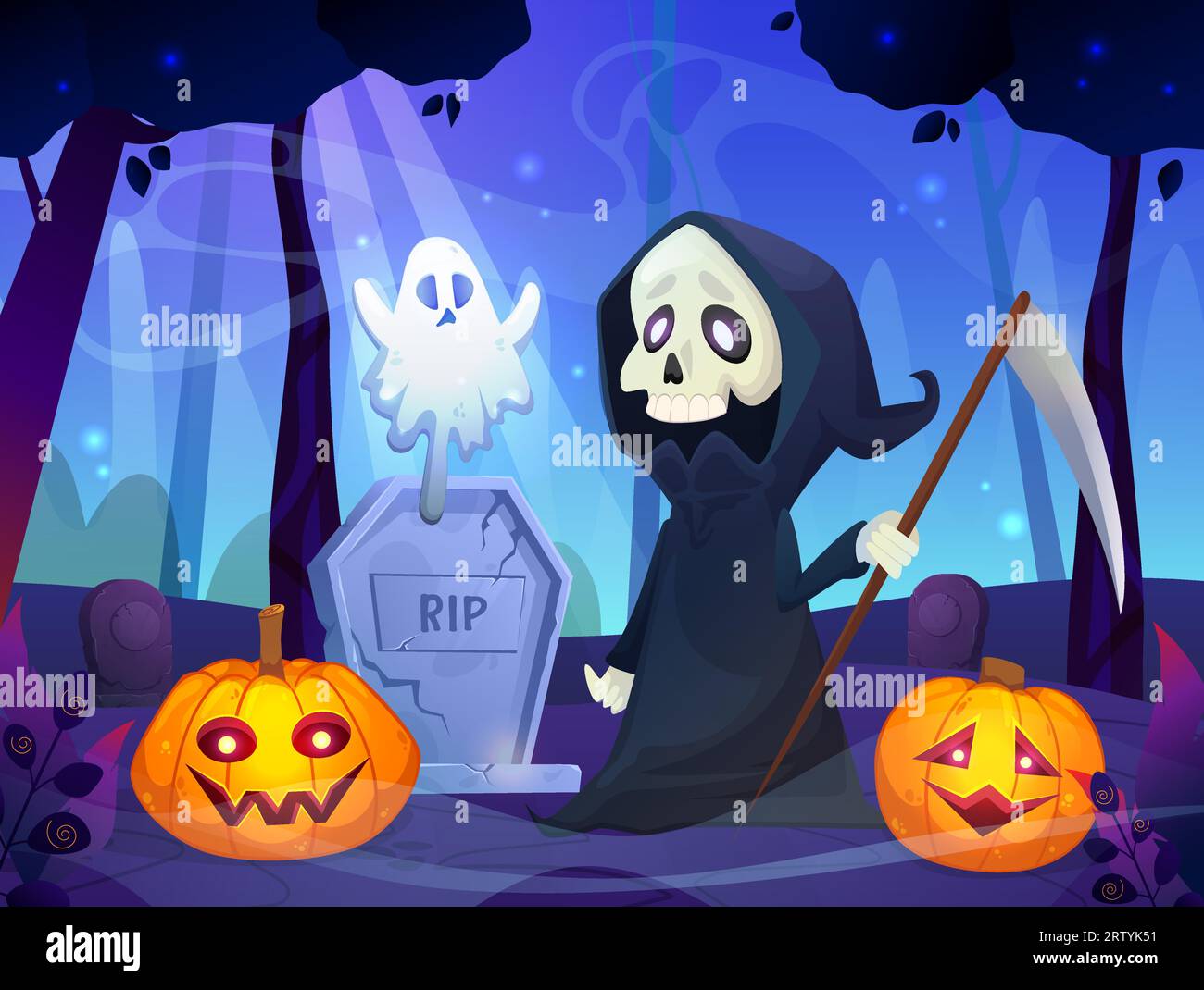 Spooky Halloween at graveyard in forest. Cute ghost floating above ...