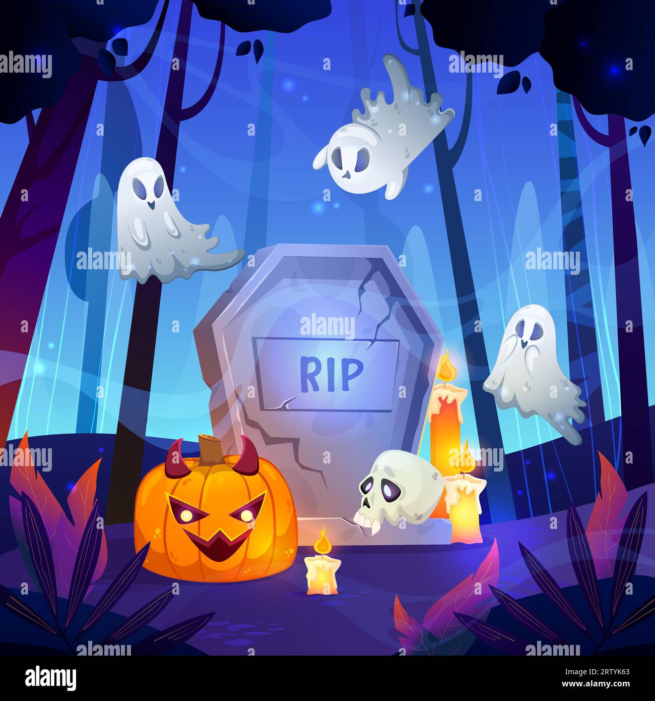 Spooky Halloween at graveyard in forest. Cute ghosts floating above ...
