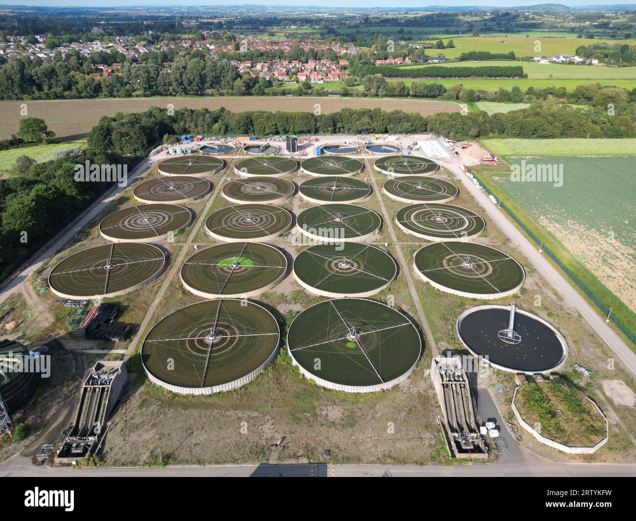 Rotherwas Hereford UK aerial view of Welsh Water sewage treatment plant ...