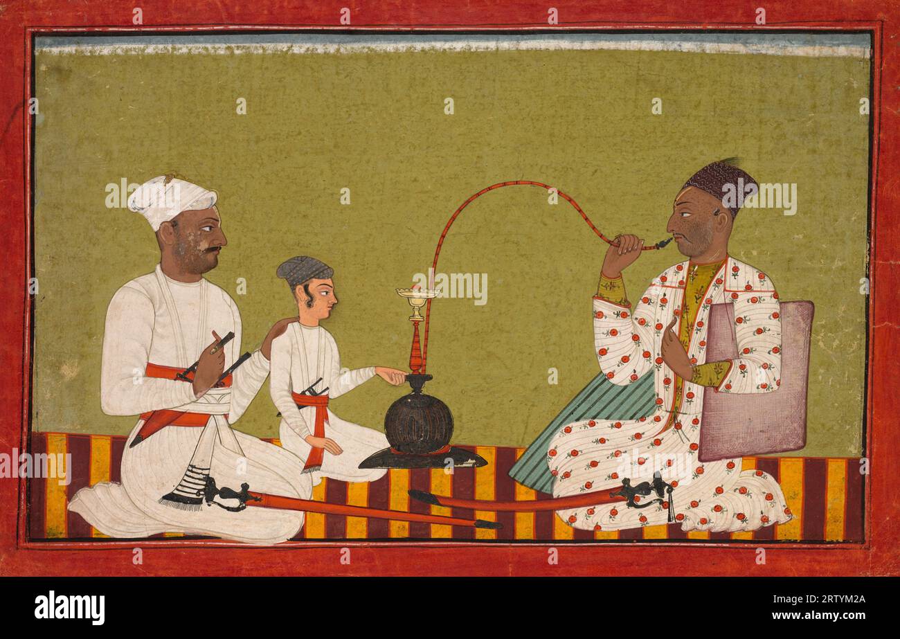 Seated Prince smoking a Hookah, Indian Pahari Mankot, colour ink on ...