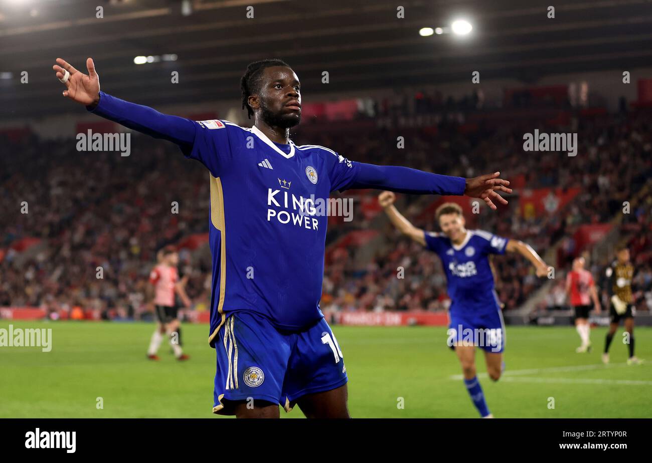 Leicester city's stephy mavididi celebrates scoring their side's fourth ...