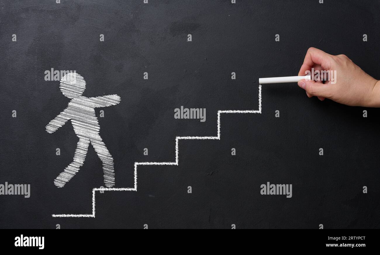 The chalk-drawn staircase goes up and the little man goes forward. Goal ...