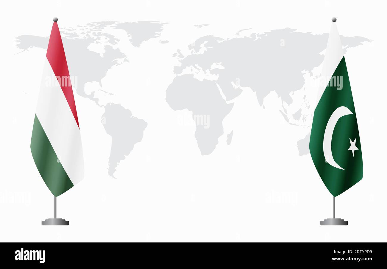 Hungary and Pakistan flags for official meeting against background of ...