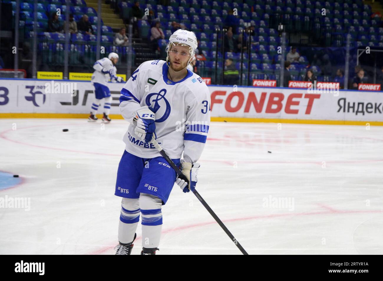 Dynamo Hockey Club player, Artyom Ilyenko (34) seen in action during the Kontinental Hockey ...