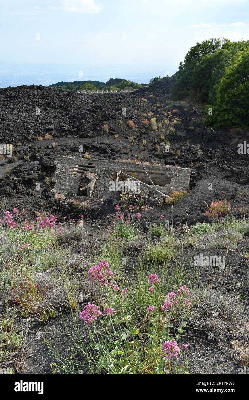 House covered with lava at the foot of Mount Etna volcano, surrounding ...