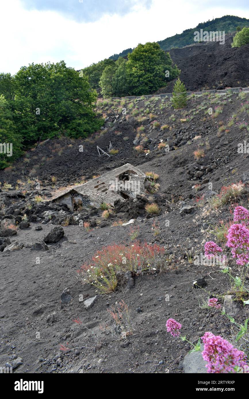 House covered with lava at the foot of Mount Etna volcano, surrounding ...
